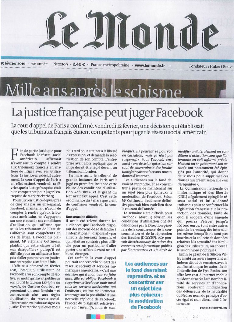 Article du journal Le Monde : La Justice peut juger Facebook en France ...